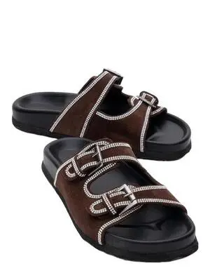 FOREVER & ALWAYS SHOES Allen Rhinestone Leather Slide Sandal - Brown Suede Leather