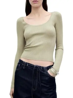Mango Scoop Neck Ribbed Crop Sweater - Khaki