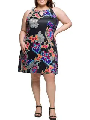 24SEVEN COMFORT APPAREL Print Sleeveless Keyhole Dress - Black Multi