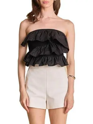 Endless Rose Mixed Media Ruffle Strapless Top - Black