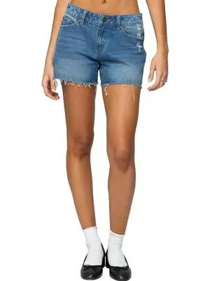 EDIKTED Scottie Raw Hem Denim Shorts - Blue
