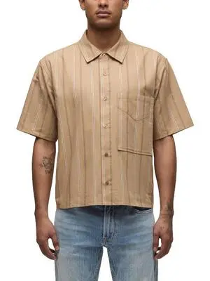 Hudson Jeans Rex Short Sleeve Cotton Button-up Shirt - Camel Stripe