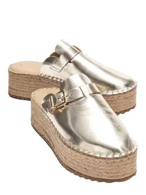 FOREVER & ALWAYS SHOES Novas Leather Platform Espadrille Mules - Gold
