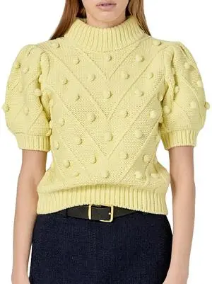 English Factory Pom Pom Puff Sleeve Sweater - Butter Yellow