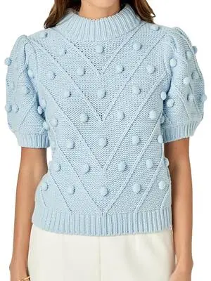 English Factory Pom Pom Puff Sleeve Sweater - Powder Blue