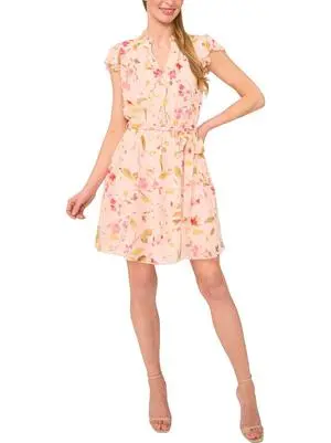 CECE DUPRAZ Floral Flutter Sleeve Dress - Sugar Peach