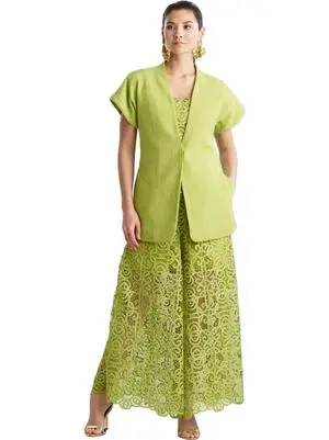 Natori Basketweave Short Sleeve Kimono Blazer - Pear