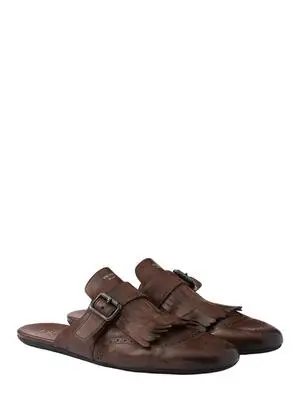 Prada Shuffle Antiqued Leather Mules With Buckled Strap - Cognac