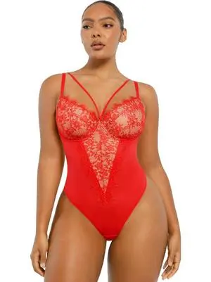 SHAPELLX Sheer Lace Mesh Bodysuit - Ruby Red