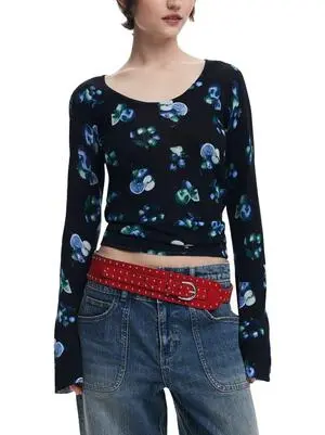 Desigual Printed Ribbed Top - Black