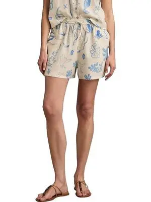 Lucky Brand Linen Blend Drawstring Shorts - Blue Coral Print