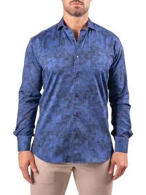 MACEOO Einstein Contemporary Fit Print Cotton Button-up Shirt - Blue
