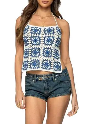 EDIKTED Crochet Naia Top - Blue-and-white