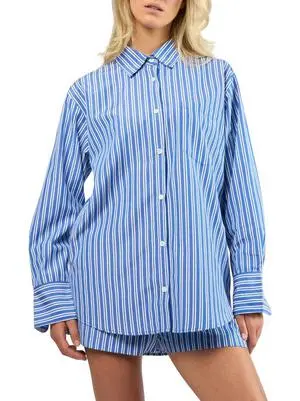 VIENS AVEC MOI Striped Cotton Blend Button-up Shirt - Blue