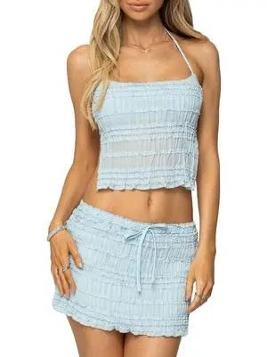 EDIKTED Mari Ruffle Chiffon Tie Back Crop Halter Top - Light-blue