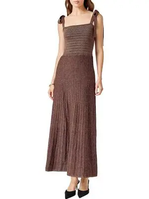 Endless Rose Tie Strap Metallic Maxi Sweater Dress Brown