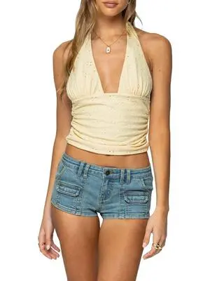 EDIKTED Embroidered Eyelet Halter Top - Yellow