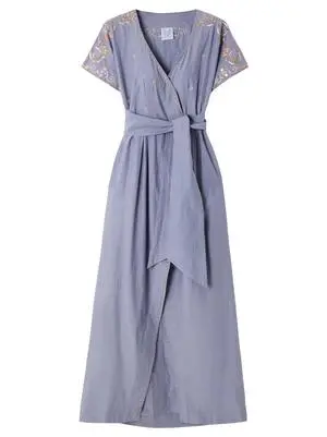 Thierry Colson Embroidered Cotton And Silk-blend Wrap Maxi Dress - Blue