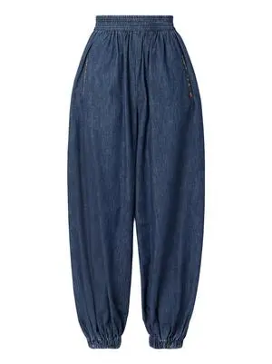 Valentino Garavani Embroidered Chambray Tapered Pants - Blue