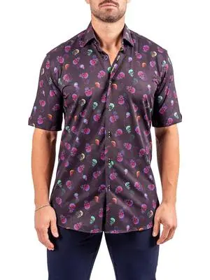 MACEOO Galileo Resistance0347 Skull Print Short Sleeve Cotton Button-up Shirt - Black