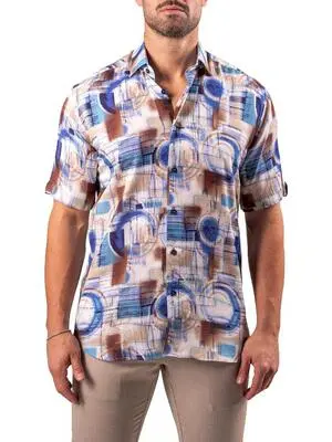 MACEOO Galileo Resistance Abstract Print Short Sleeve Button-up Shirt - Brown