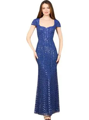LARA NEW YORK Beaded Mermaid Gown With Cap Sleeves - Blue