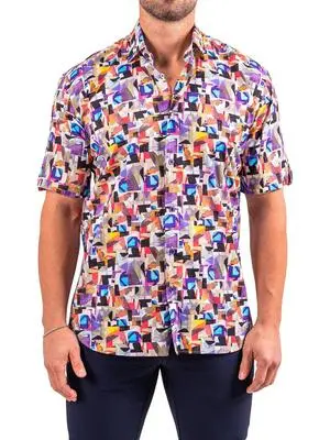 MACEOO Galileo Resistance Abstract Print Short Sleeve Button-up Shirt - White