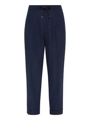 Brunello Cucinelli Linen Drawstring Leisure Trousers Blue