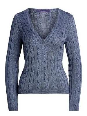 Ralph Lauren Silk Cable-knit V-neck Sweater - Blue