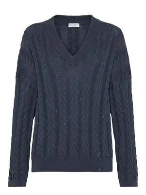 Brunello Cucinelli Cotton Cable-Knit Sweater Blue