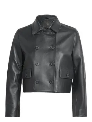 Maje Double-breasted Lambskin Leather Jacket - Black