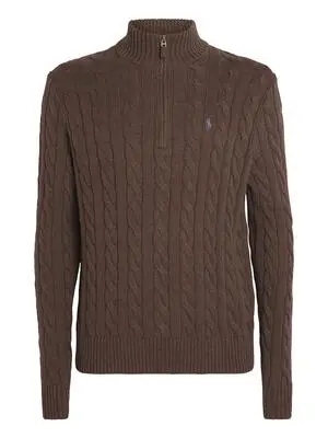 Ralph Lauren Cotton Cable Knit Quarter Zip Sweater - Brown