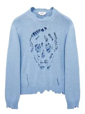 Alexander McQueen Cotton Distressed Skull Sweater - Blue