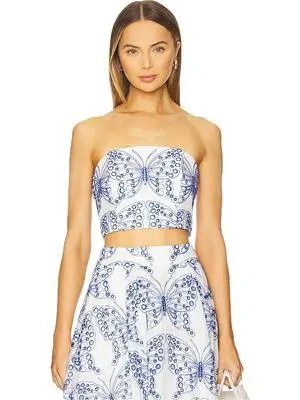 MILLY Butterfly Eyelet Strapless Crop Top - White & Blue