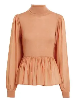 Ulla Johnson Liana Chiffon-paneled Wool And Silk-blend Turtleneck Top - Peach