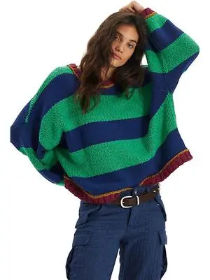 Free People Colorblocked Pullover Sweater Emerald Combo