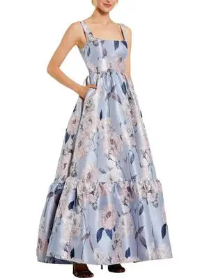 Mac Duggal Floral Brocade Scoop Neck A-line Gown - Blue Multi