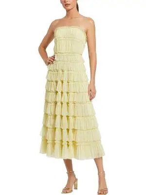 Mac Duggal Solid Mesh Micro Ruffle Strapless Midi Dress - Buttercup