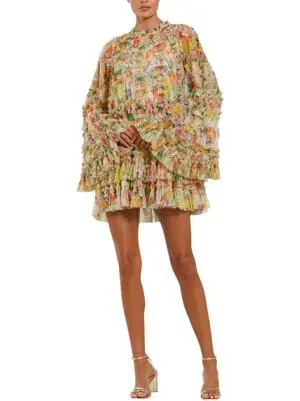 Mac Duggal Floral Ruffled Tiered Mini Dress - Ivory Multi