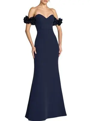 Mac Duggal Off-the-shoulder Gown With 3d Floral Embellishments - Midnight