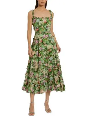 Mac Duggal Ruffle Floral Square Neck Midi Dress - Green Multi