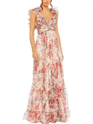 Mac Duggal Floral Chiffon Gown With Open Back - Rose Multi
