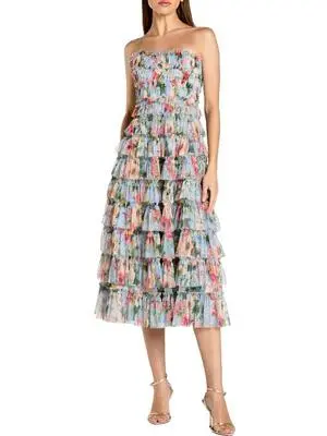 Mac Duggal Printed Mesh Strapless Midi Dress Blue Multi