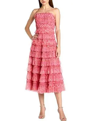 Mac Duggal Printed Mesh Strapless Midi Dress Pink Multi