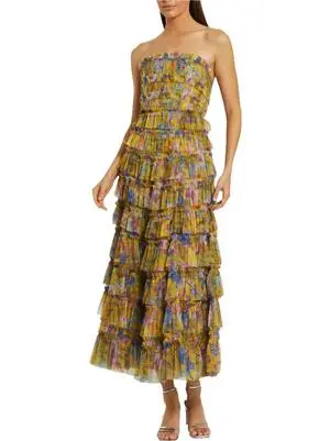 Mac Duggal Printed Mesh Strapless Midi Dress Yellow Multi