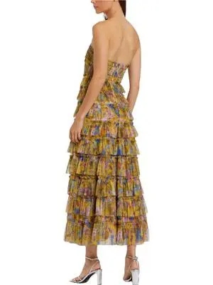 Mac Duggal Printed Mesh Strapless Midi Dress - Yellow Multi