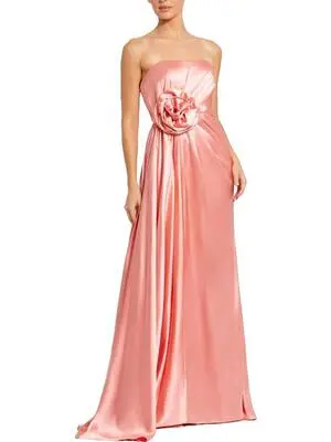 Mac Duggal Strapless Satin Gown With 3d Floral Accent - Coral