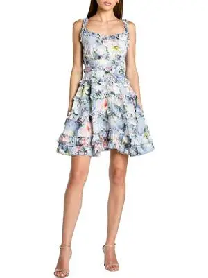 Mac Duggal Floral Square Neck Mini Dress - Platinum Multi