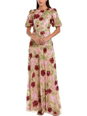 Mac Duggal Floral Embroidered Mesh Gown With Puff Sleeves - Nude Multi