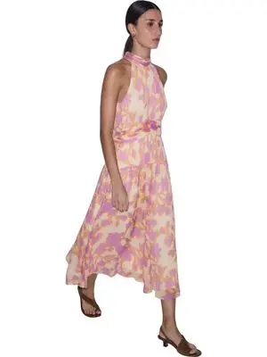 ME+EM Paradise Print Halterneck Midi Dress - Buttercream/lilac/multi